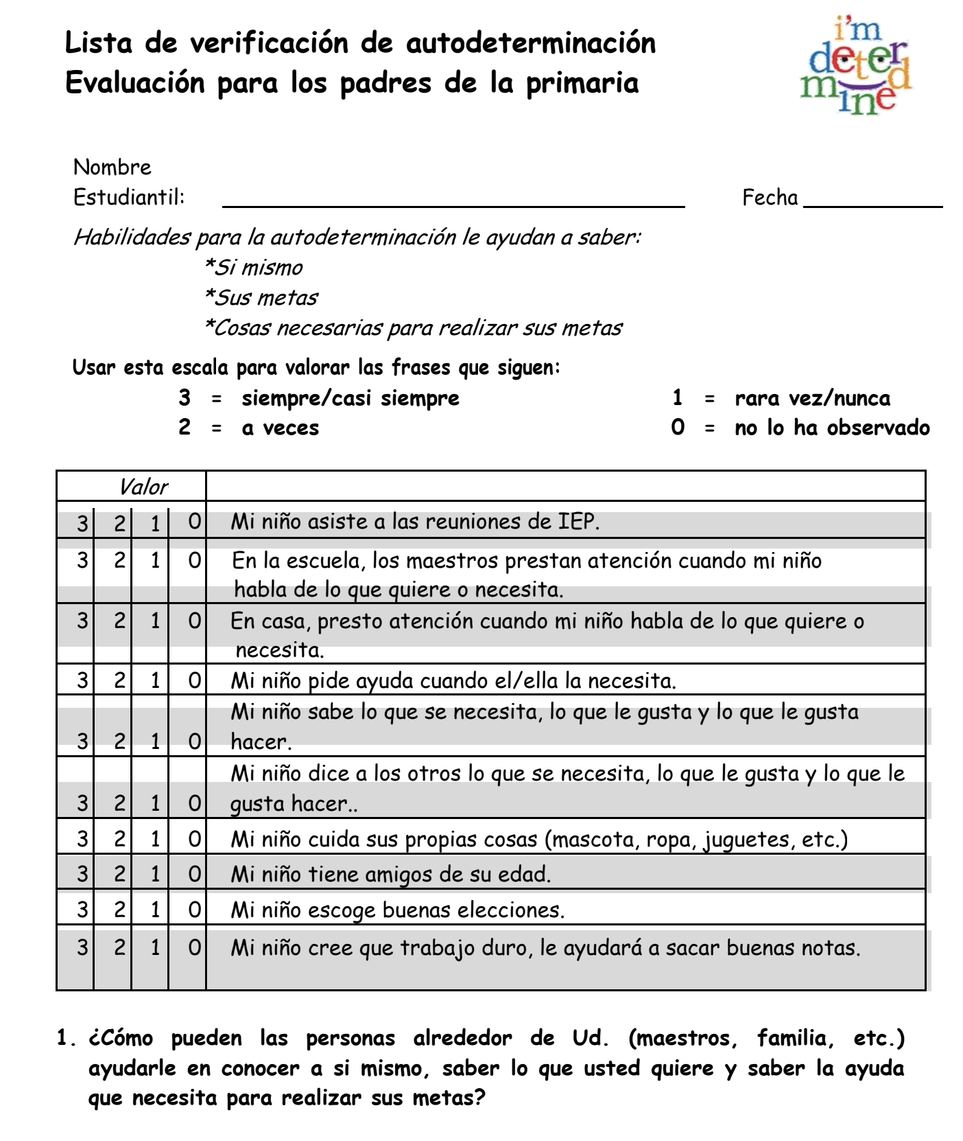 Self-Determination Checklist - Spanish - I'm Determined Self-Determination Checklist - Spanish - I'm Determined